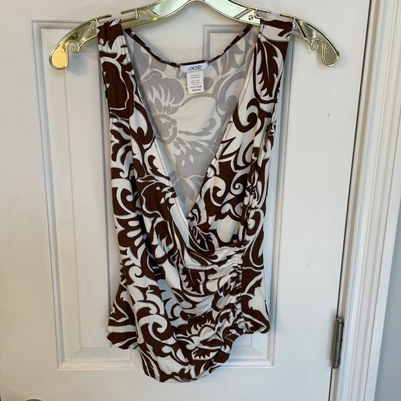 Cache | Tops | Cach Brown White Top W Silver Metallic Accents | Poshmark